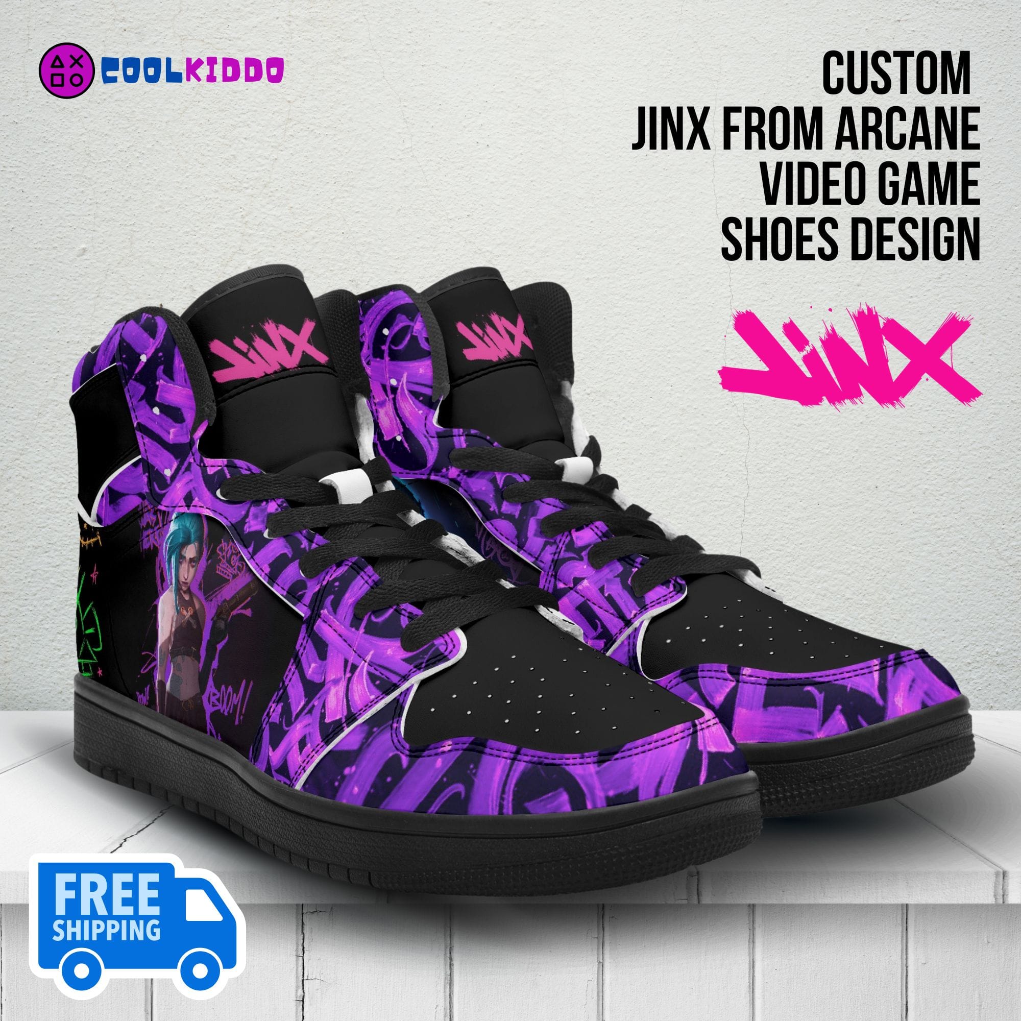 Jinx Character from ARCANE LoL High-Top Leather Sneakers, Unisex Casual ...