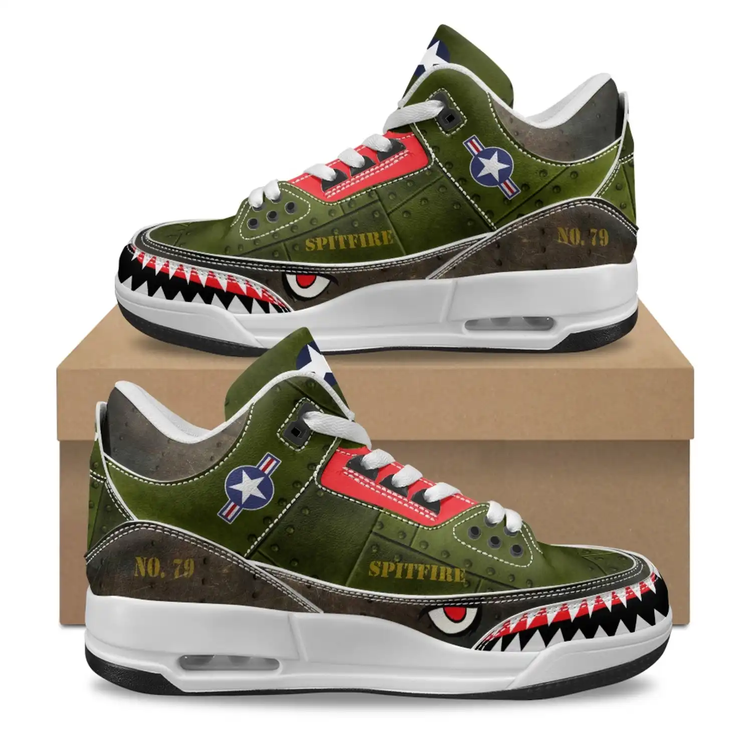 Custom Printed Aviation Spitfire Plane Sneakers | Military Leather High ...